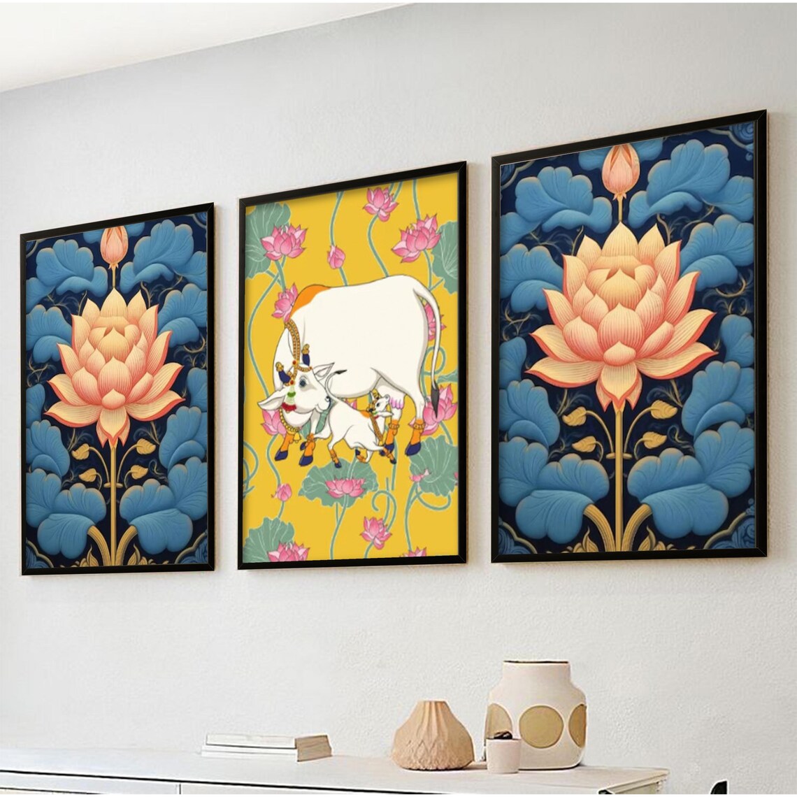 Lotus Cow Wall Art Set of 3 – Kamdhenu Painting With Floral Lotus ...