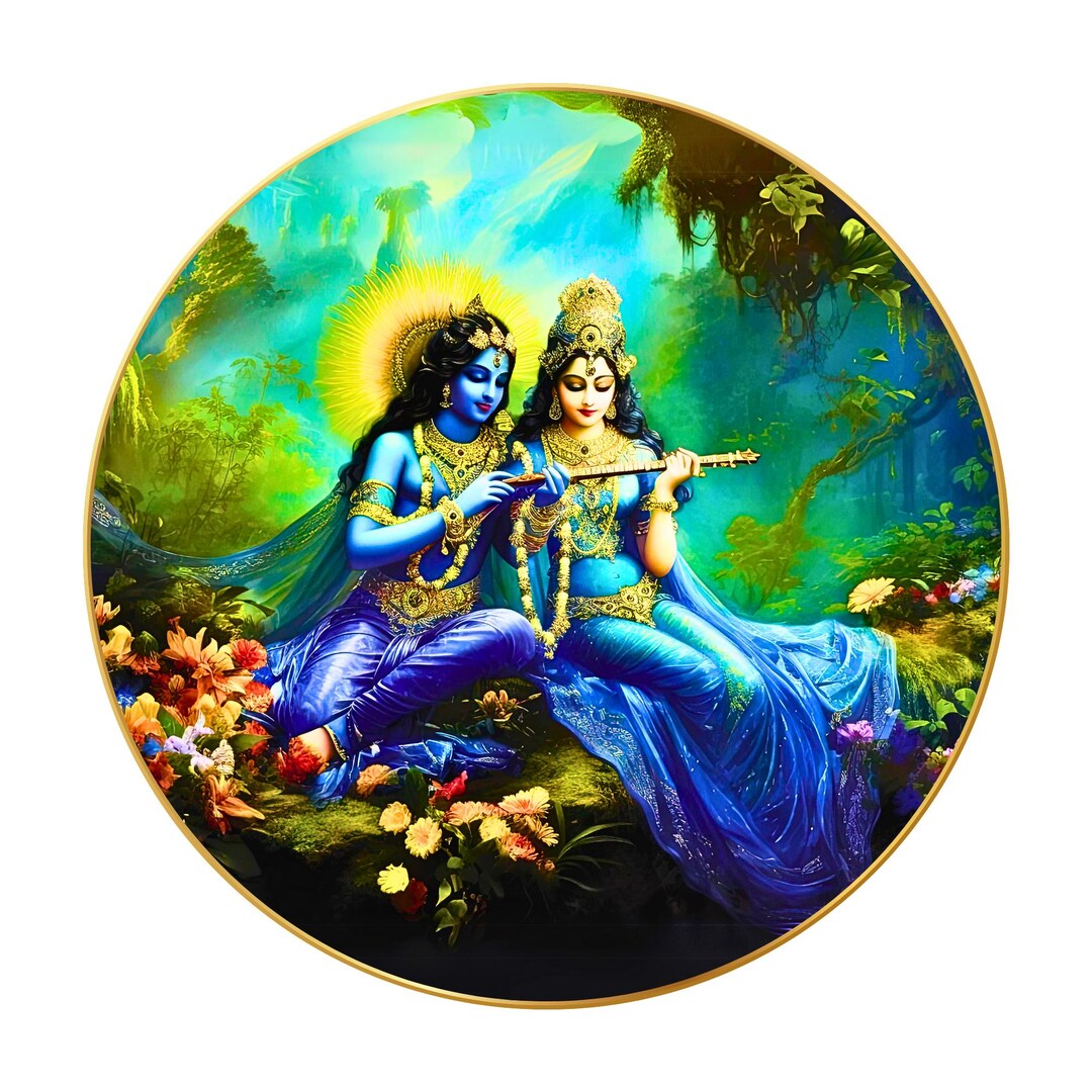 Radha Krishna Round Wall Art – Vrindavan Scene MDF Panel – Hindu Couple ...
