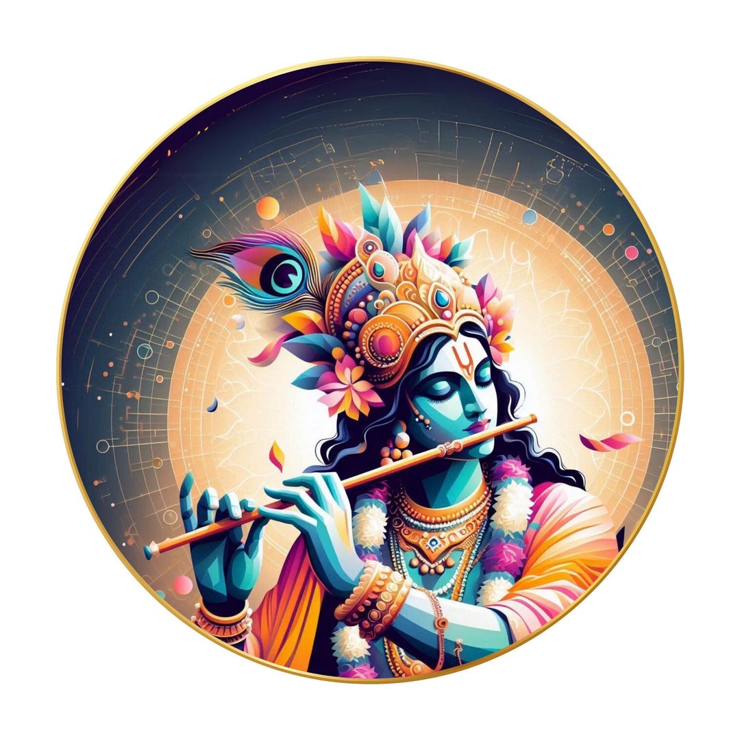 Round Krishna Wall Art – Divine Flute Player MDF Panel – Spiritual ...