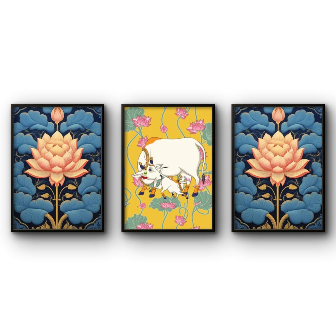 Lotus Cow Wall Art Set of 3 – Kamdhenu Painting With Floral Lotus ...