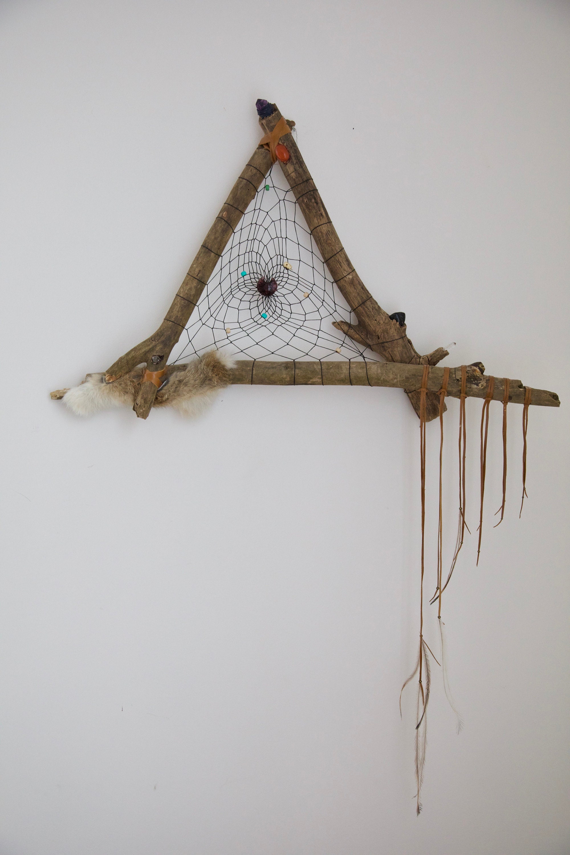 Dreamcatcher Made From Wood Branches With Emu Feathers, Rabbit Fur ...