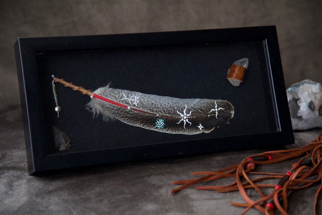 Hand Painted Turkey Feather With Quartz and Arrowhead Mounted in a ...