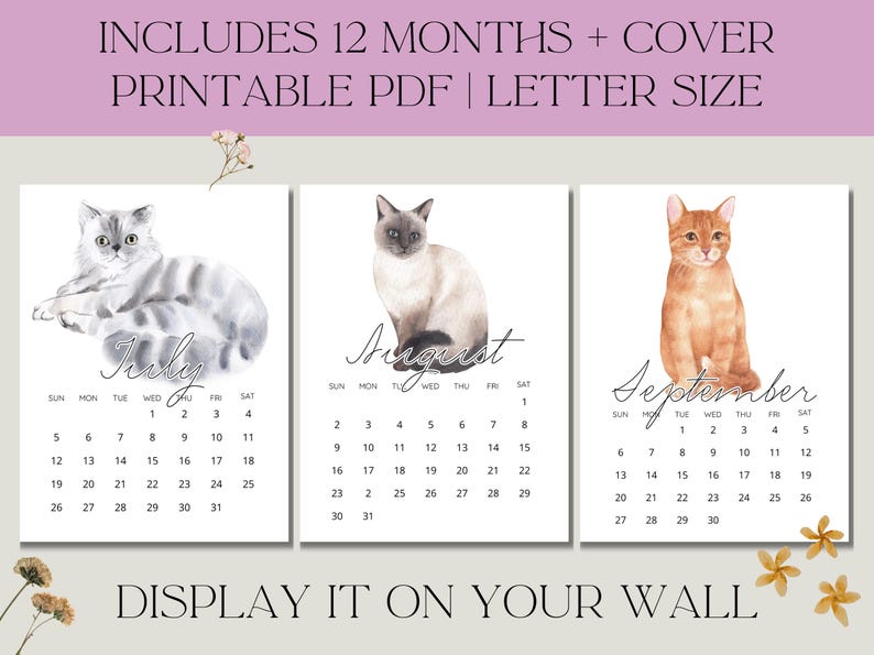 2026 Watercolor Cat Calendar: Printable Cat Lover Gift (PDF Download ...