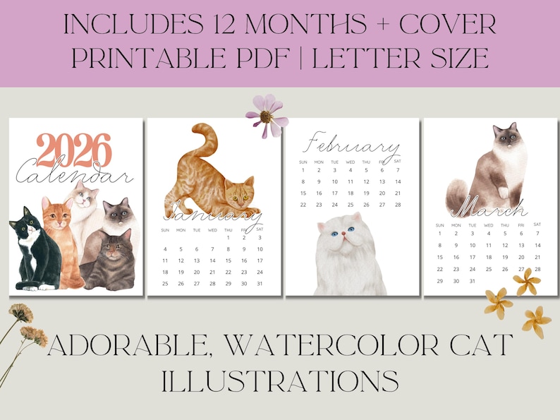 2026 Watercolor Cat Calendar: Printable Cat Lover Gift (PDF Download ...