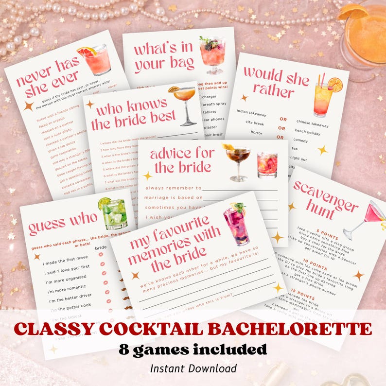 Classy Cocktail Bachelorette Games Printable Bundle, Hen Party Game ...