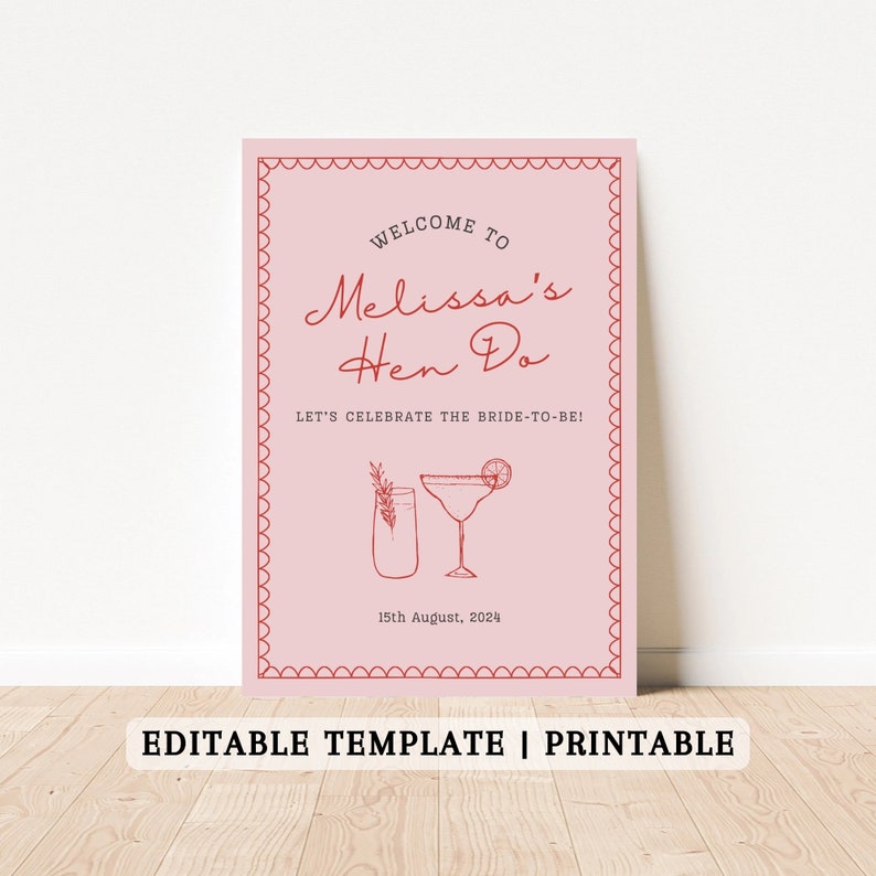 Editable Template for Hen Do Cocktail Party Welcome Sign Printable ...