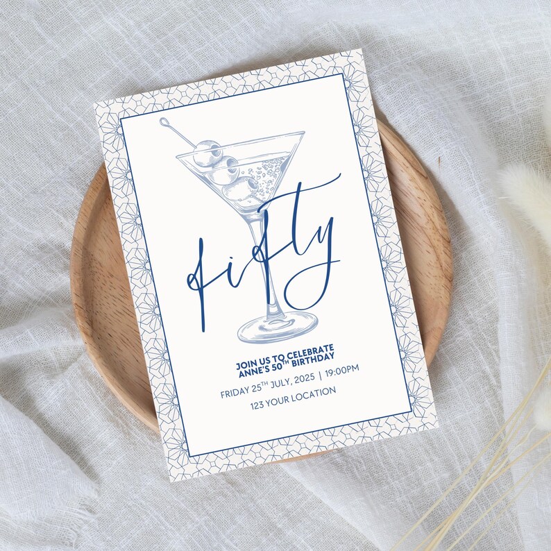 Printable 50th Birthday Invitation, Editable Fifty Birthday Party, Blue ...
