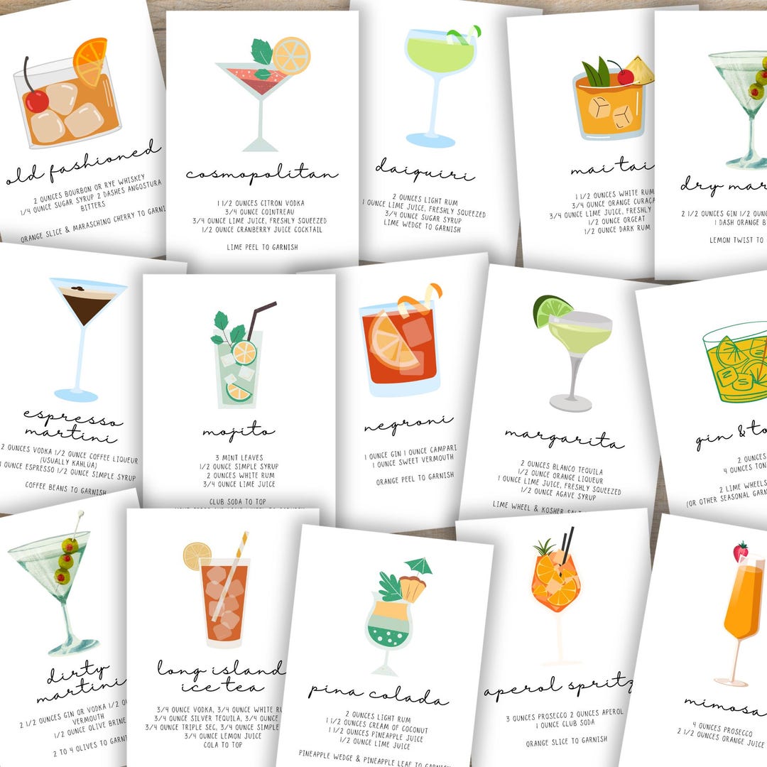 Printable Cocktail Recipe Bundle, Drink Recipe Cards, Home Bar Wall Art ...