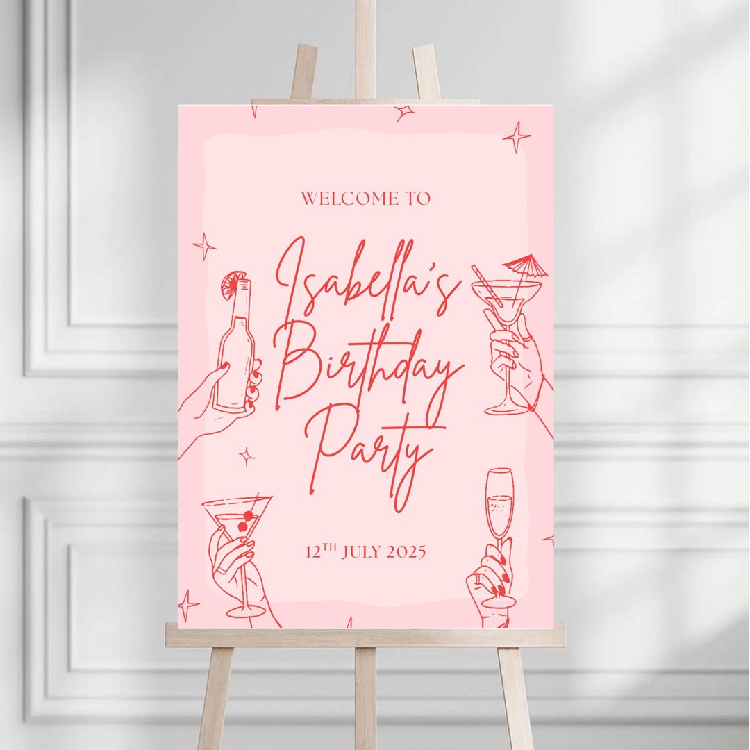 Pink Cocktail Birthday Welcome Sign, Printable Party Sign, Editable ...