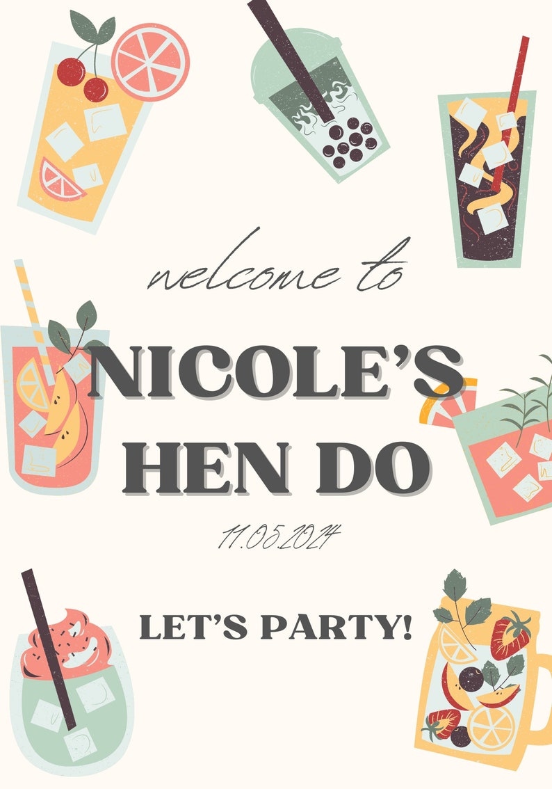 Editable Template for Hen Do Cocktail Party Welcome Sign Printable ...