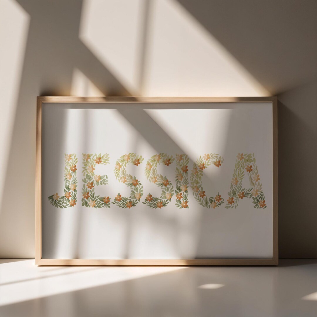 Floral Name Wall Art Printable | Orange Flower & Green Nursery Print ...