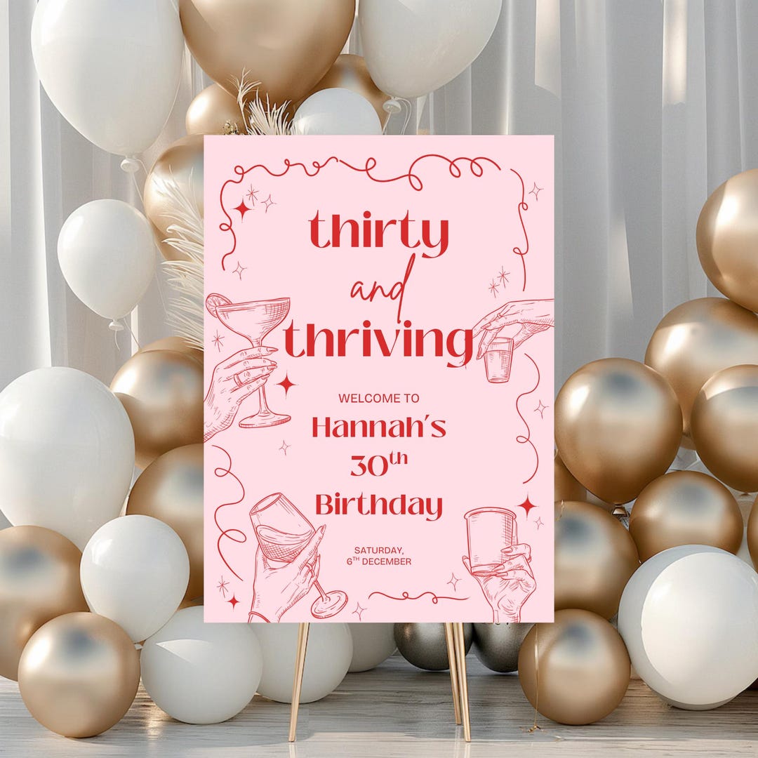 Editable Thirty & Thriving Birthday Sign | Pink and Red Printable Party ...