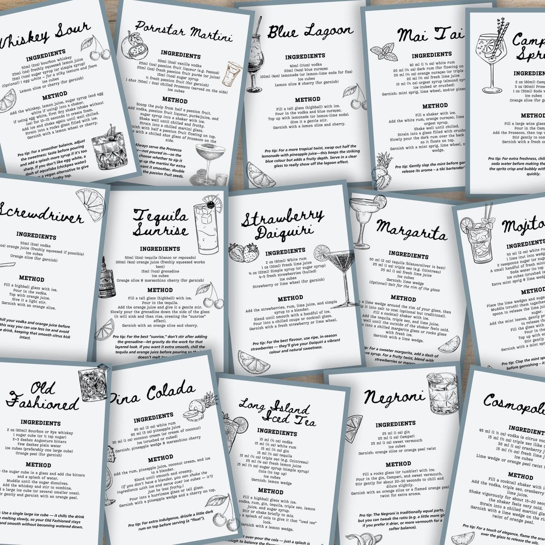 Printable Cocktail Recipe Bundle, Drink Recipe Cards, Home Bar Wall Art ...