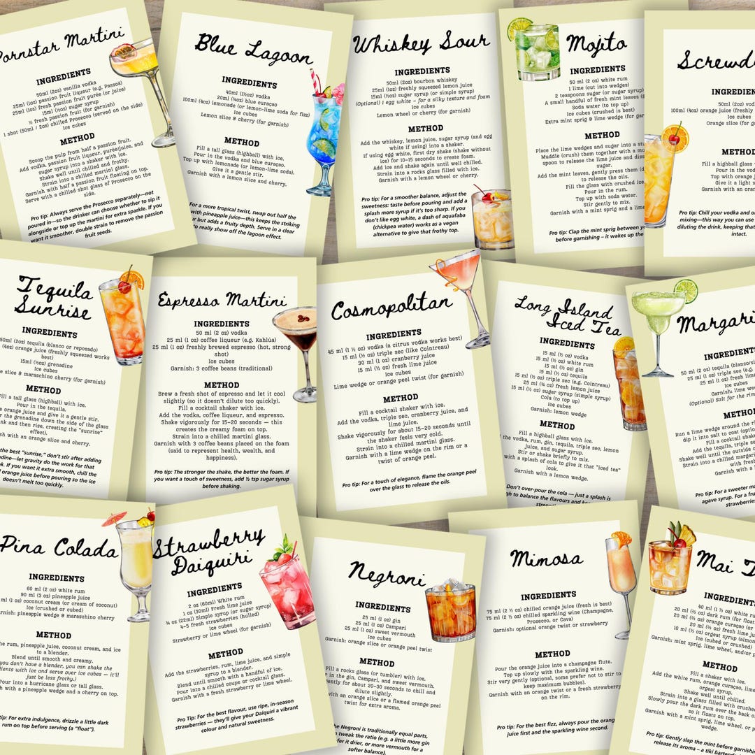 Printable Cocktail Recipe Bundle, Drink Recipe Cards, Home Bar Wall Art ...