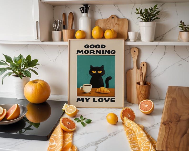 Grumpy Black Cat Poster - Funny Cute Vintage Style Wall Art, Cozy Retro ...