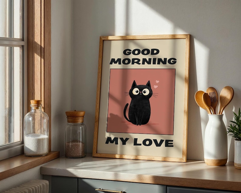 Modern Cute Black Cat Printable - Minimalist Cozy Wall Art, Dusty Pink ...