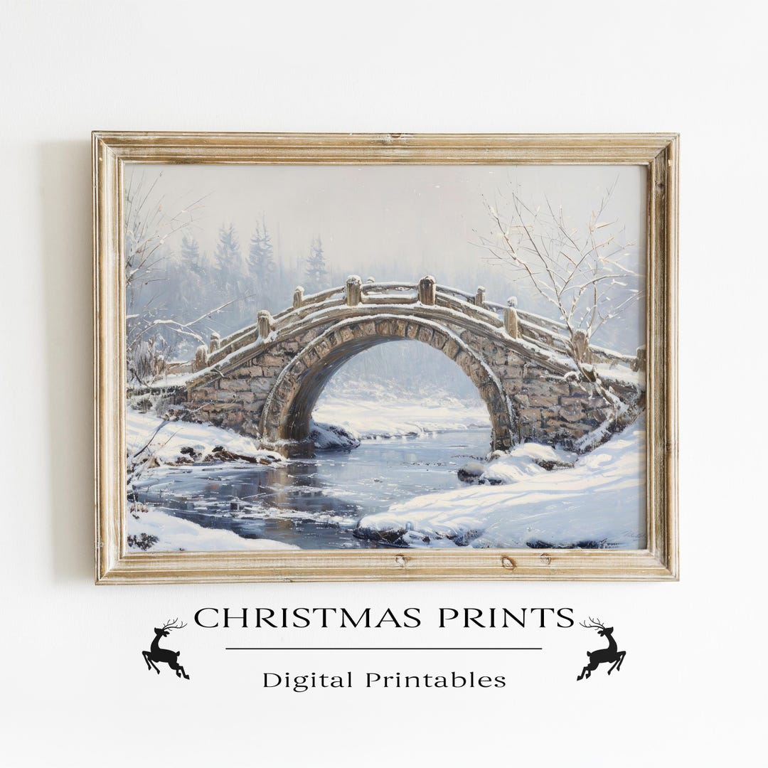 Vintage Winter Bridge Scene - Printable Christmas Wall Art, Snowy ...