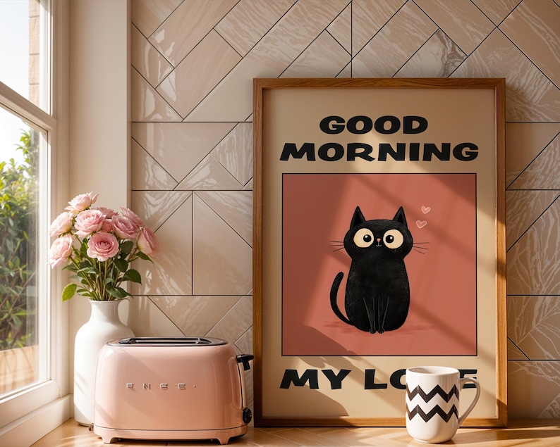 Modern Cute Black Cat Printable - Minimalist Cozy Wall Art, Dusty Pink ...