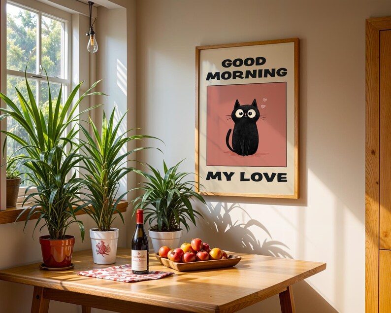 Modern Cute Black Cat Printable - Minimalist Cozy Wall Art, Dusty Pink ...
