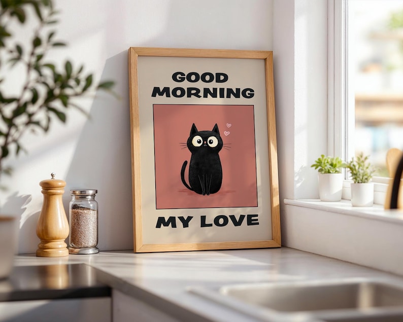 Modern Cute Black Cat Printable - Minimalist Cozy Wall Art, Dusty Pink ...