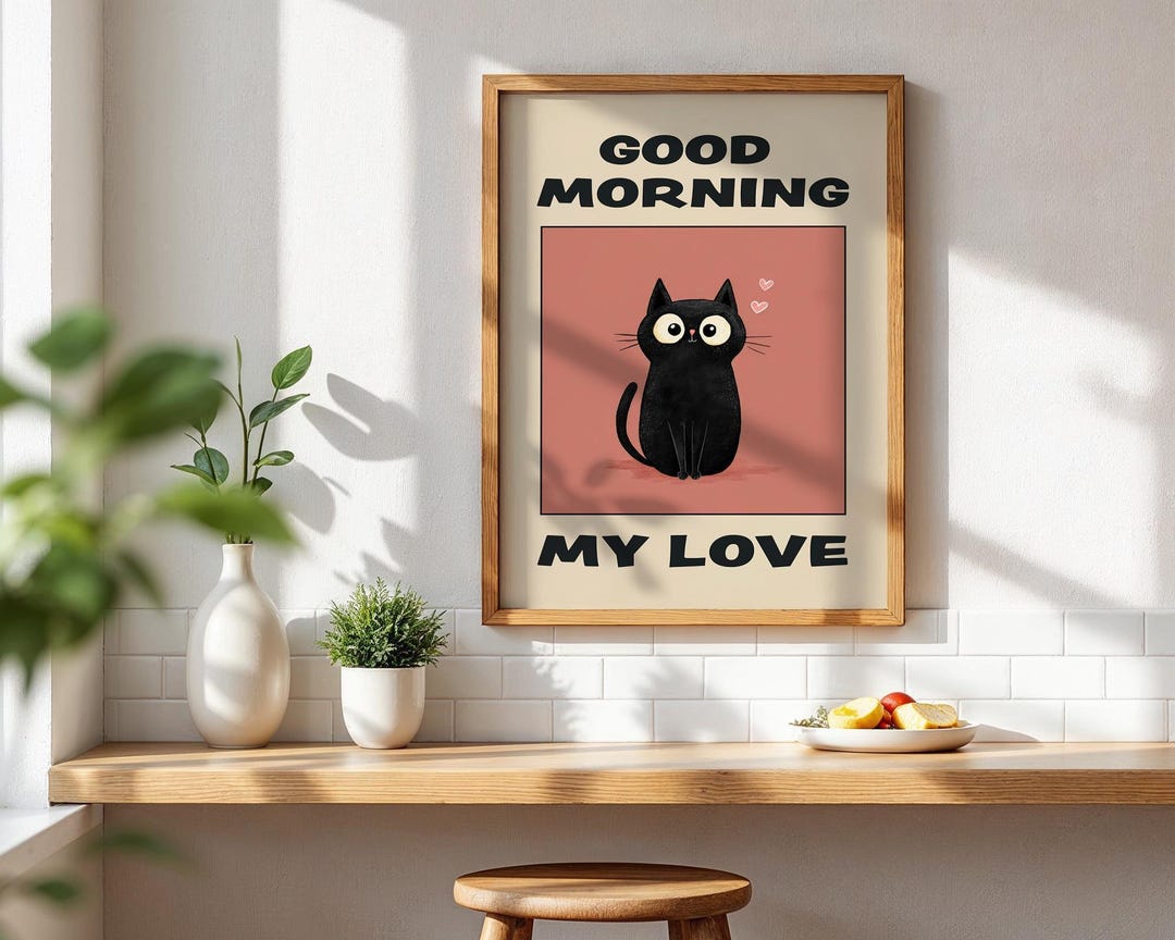 Modern Cute Black Cat Printable - Minimalist Cozy Wall Art, Dusty Pink ...
