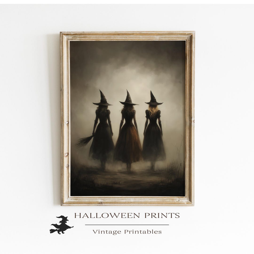 Three Witches in the Fog - Whimsical Halloween Wall Art - Gothic ...