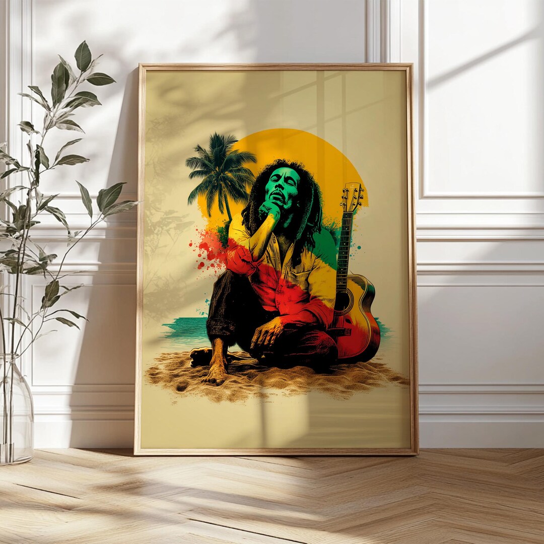 Poster d'art reggae - Ambiance rasta de plage avec guitare et coucher ...