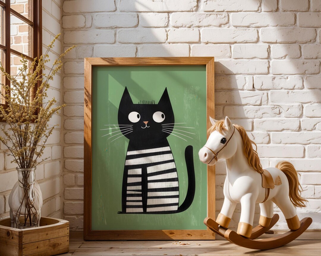 Modern Printable Black Cat Art | Minimalist Striped Cat Illustration ...