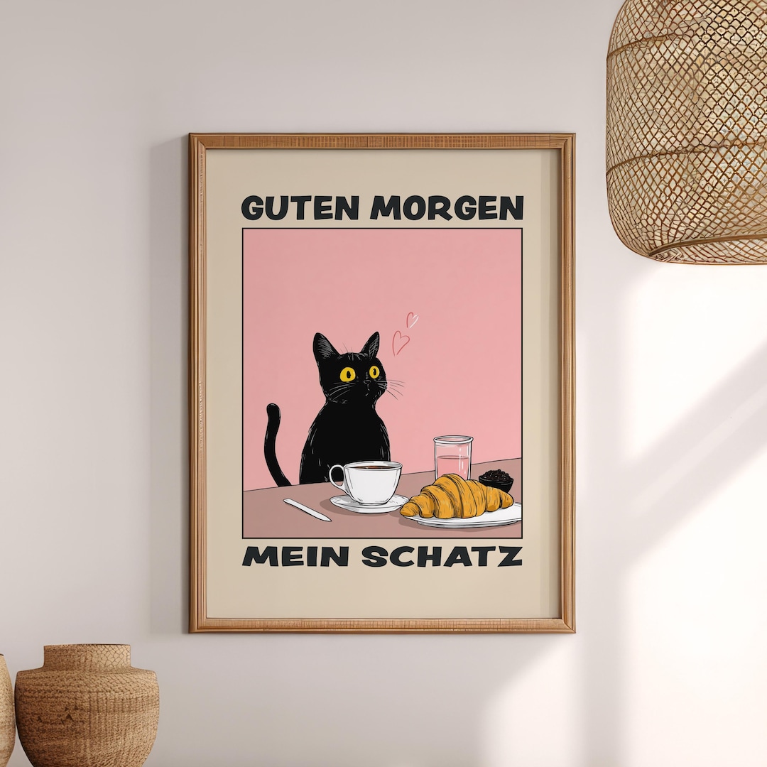 Black Cat Printable Art - Cute Modern Minimalist Retro, Breakfast Scene ...
