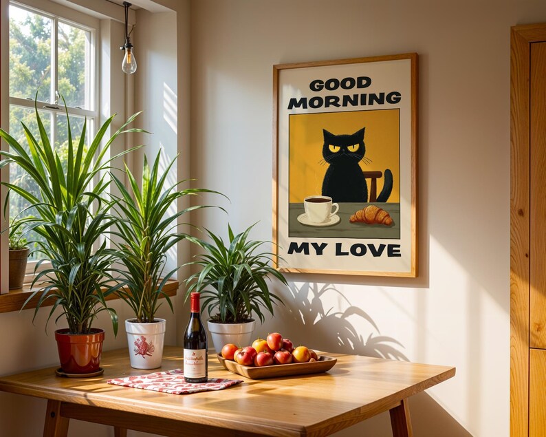 Vintage Grumpy Black Cat Art - Cute Illustrated Coffee Poster, Retro ...