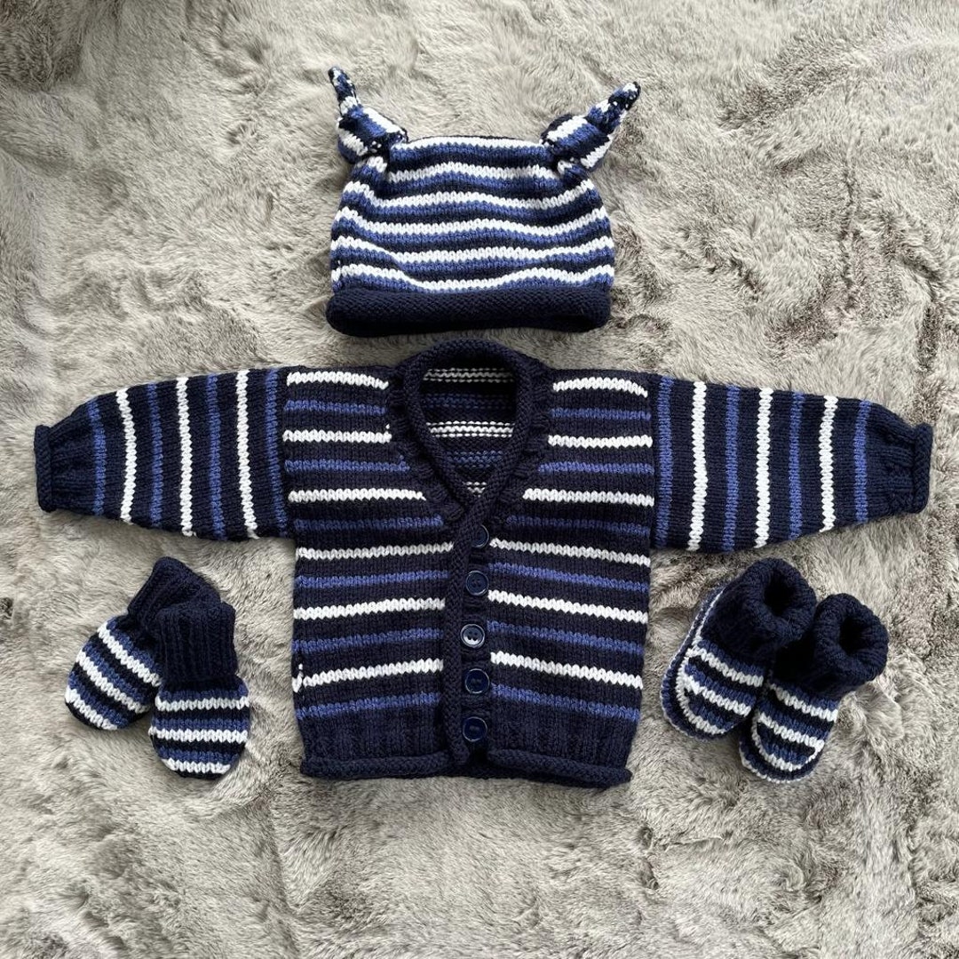 Handmade Knitted Blue Baby Set New Born Baby Set Cardigan, Hat, Mittens ...