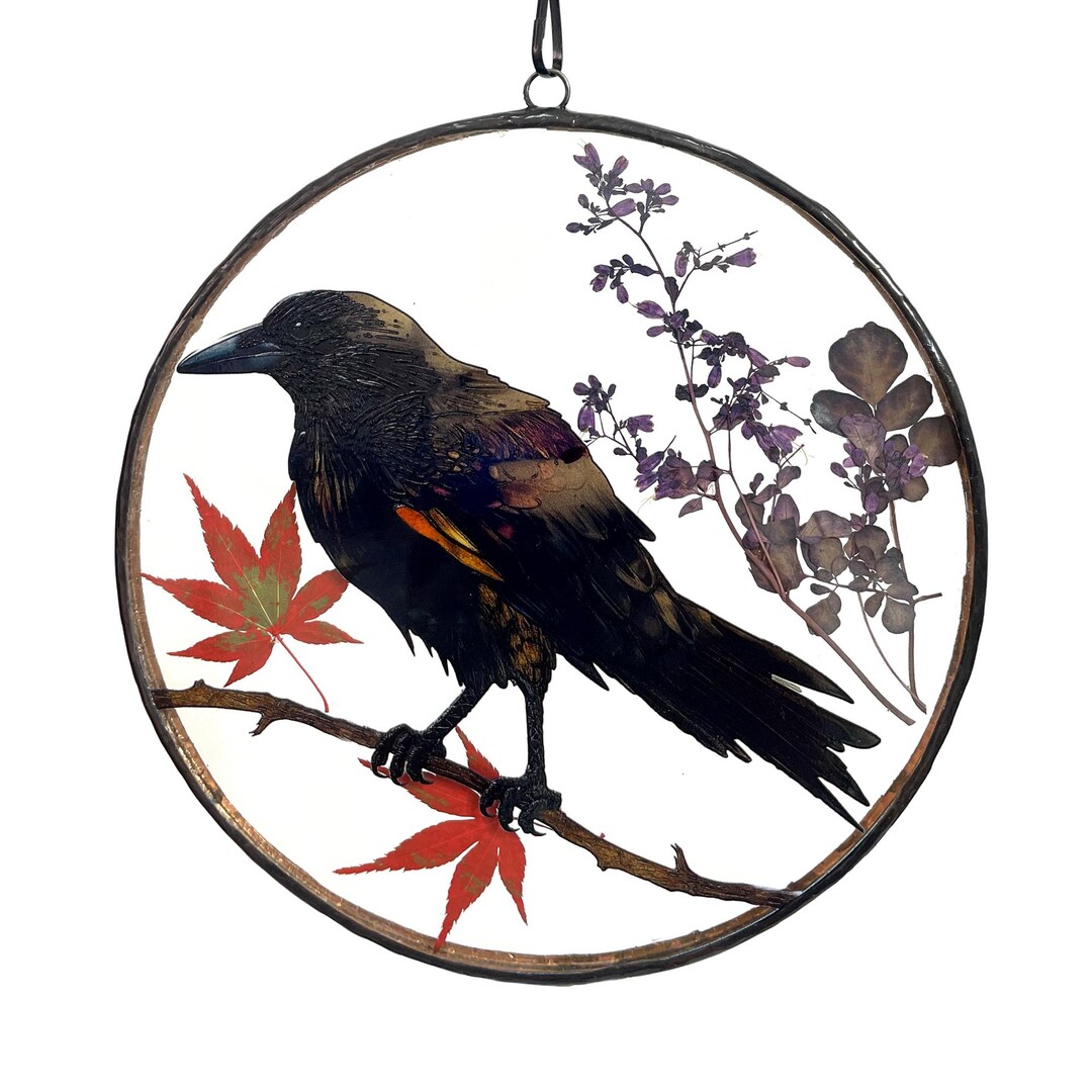 Stained Glass Raven Suncatcher: Real Pressed Flowers, Nature Wall Art ...