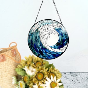 Ocean Waves Stained Glass Suncatcher, Gifts, Wall Art, Window Hanging ...