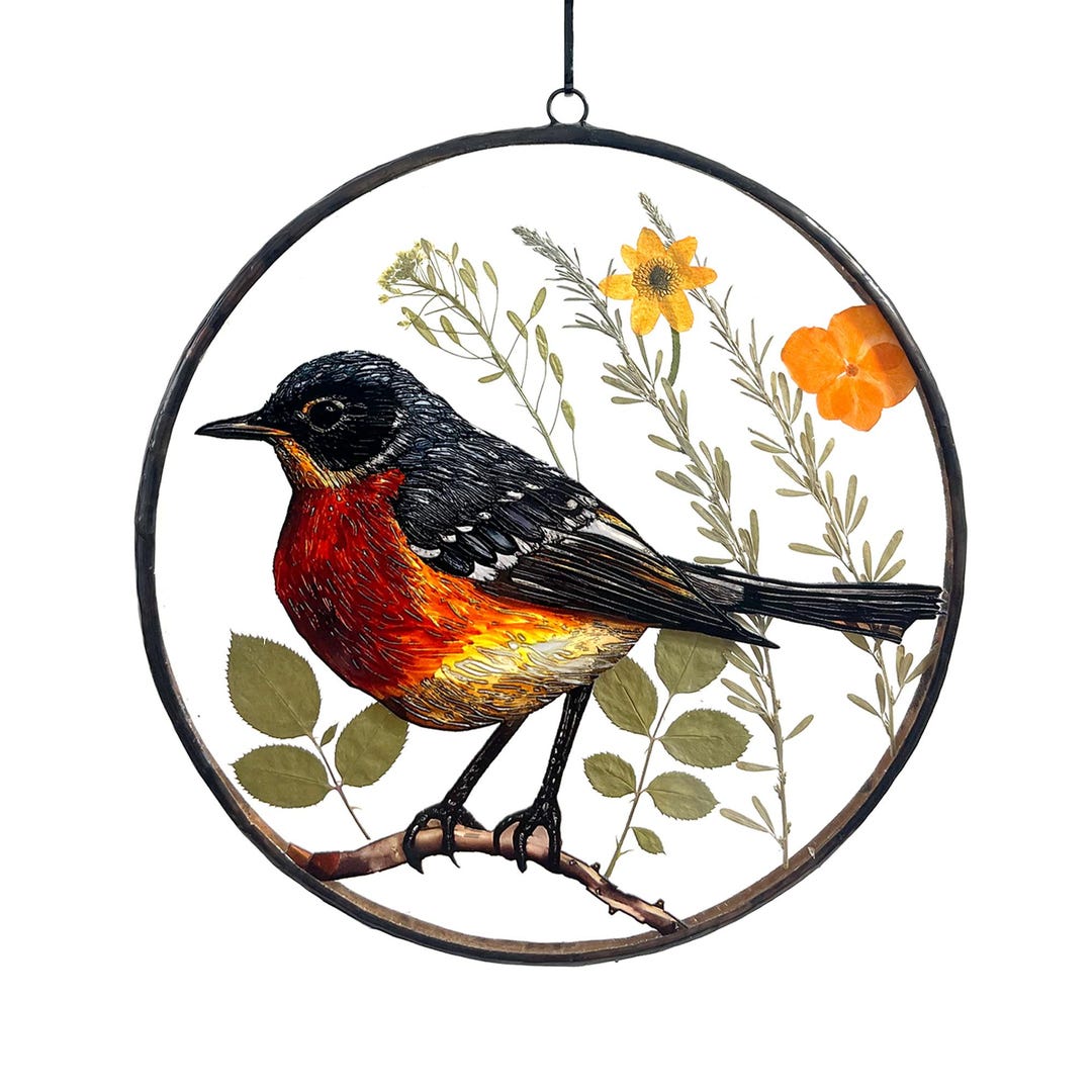 Stained Glass Robin Suncatcher: Real Pressed Flowers, Nature Window ...