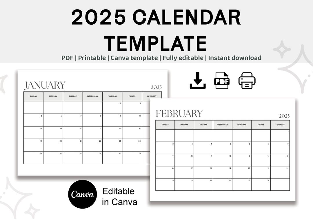 2025 Calendar Custom Template Canva Digital PDF Download Print A4 ...