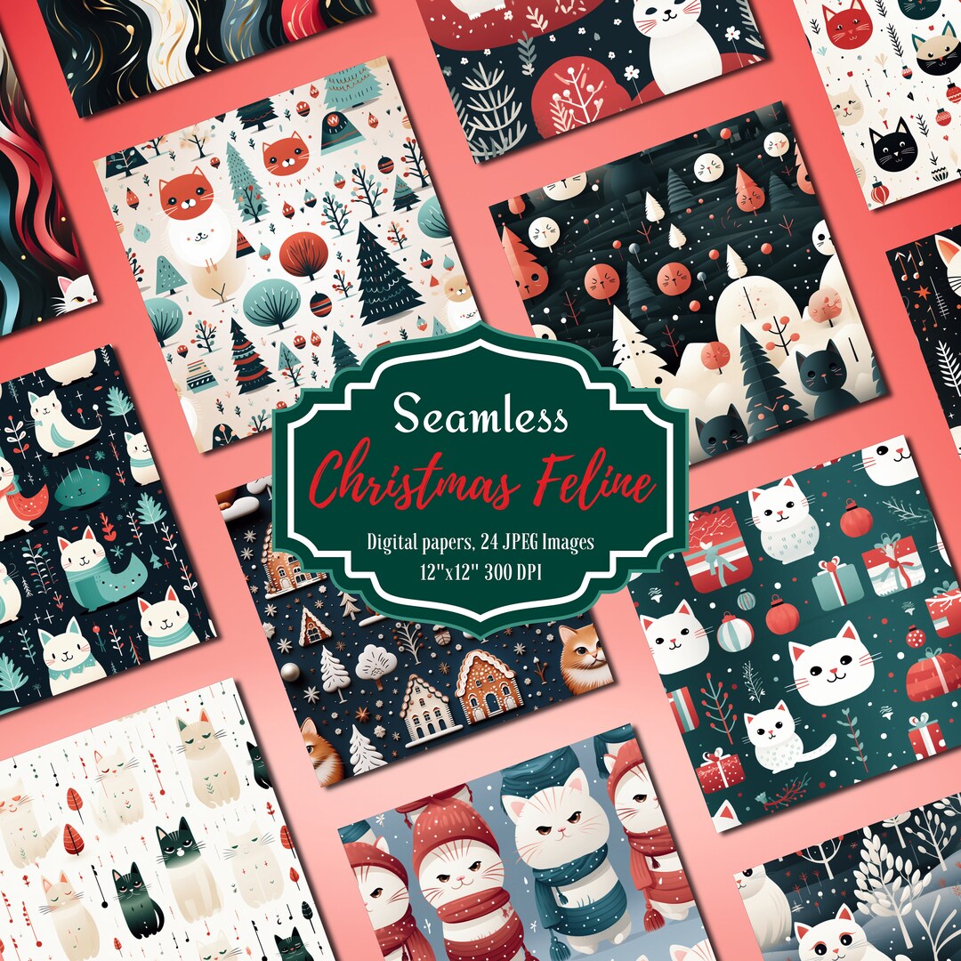 Patterning Christmas Cat Digital Paper, Cat Pattern, Christmas Pattern ...
