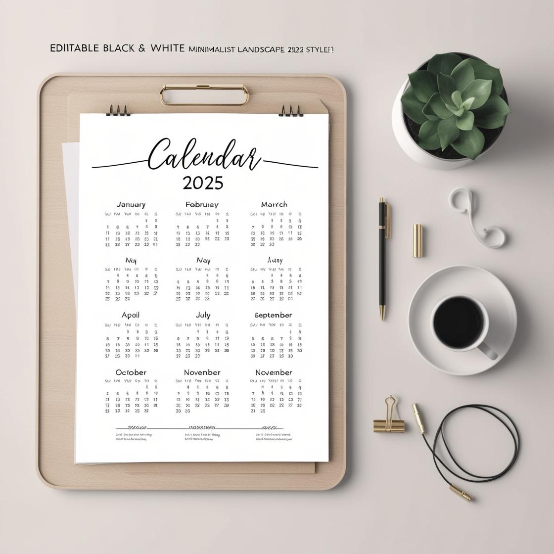 Editable Black and White 2025 Calendar | Minimalist A4 Printable ...
