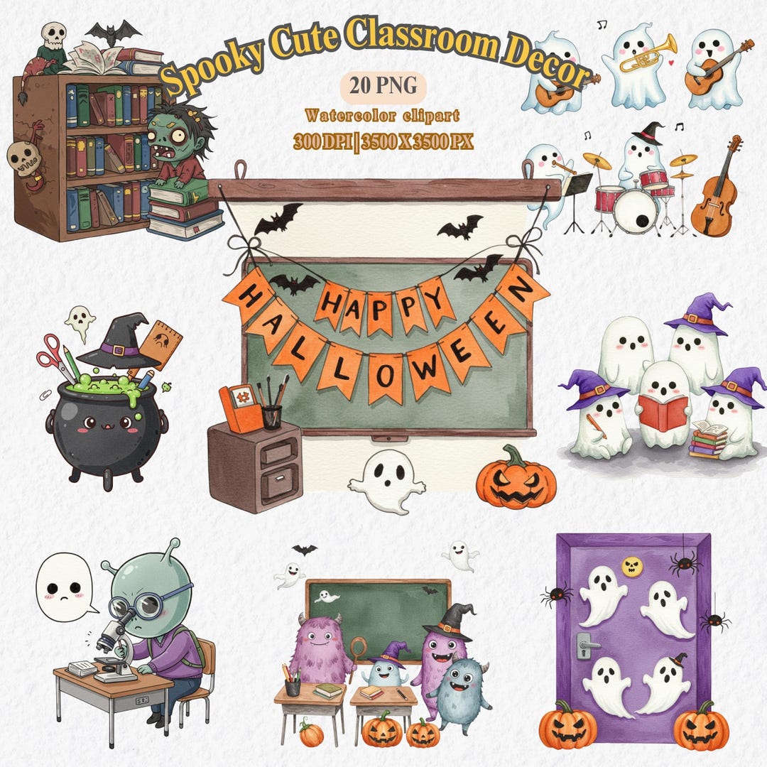 Spooky Cute Halloween Classroom Clipart | Watercolor Ghosts, Monsters ...