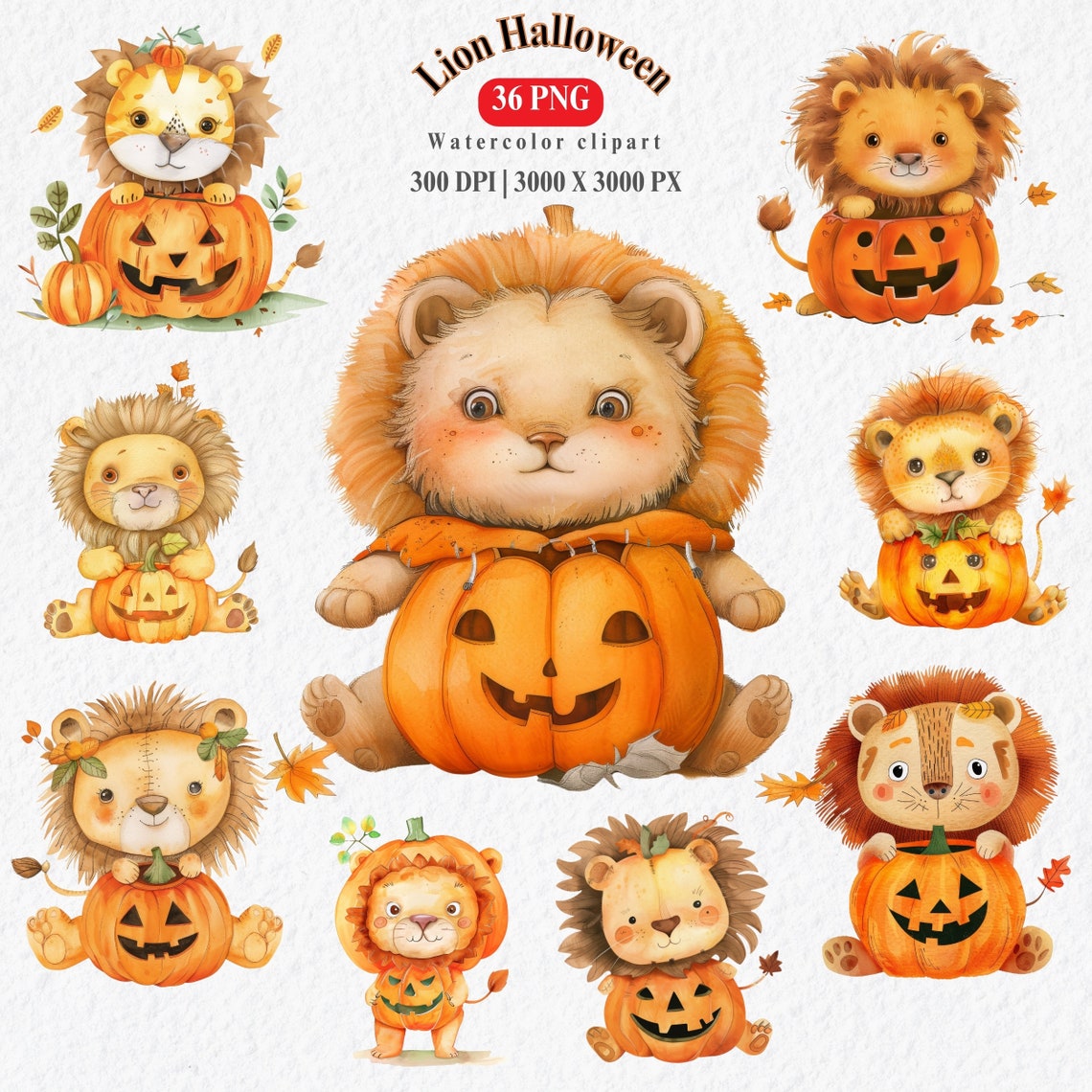 Watercolor Lion Halloween Clipart, 36 PNG Halloween Clipart, Cute ...