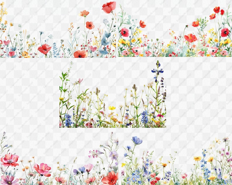 Watercolor Wildflower Borders Clipart: Wedding PNG Graphics (digital ...