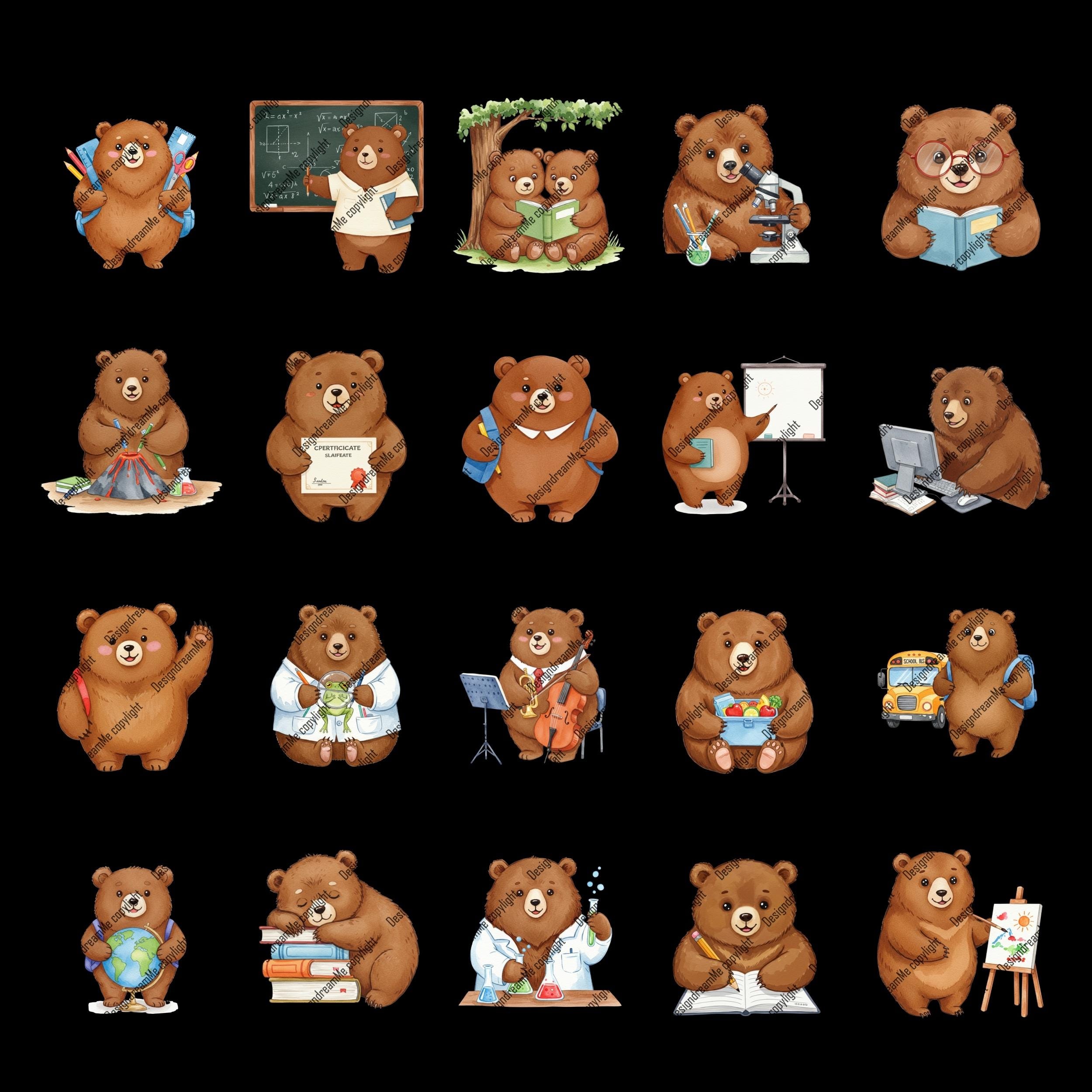 Watercolor Bear Clipart: Back to School Animal PNG Set (digital ...