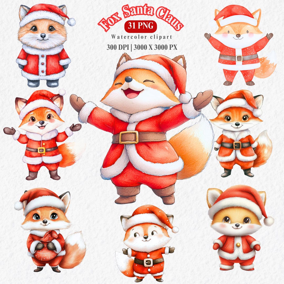 Cute Fox in Santa Suit Clipart, 31 PNG Watercolor Fox Clipart ...
