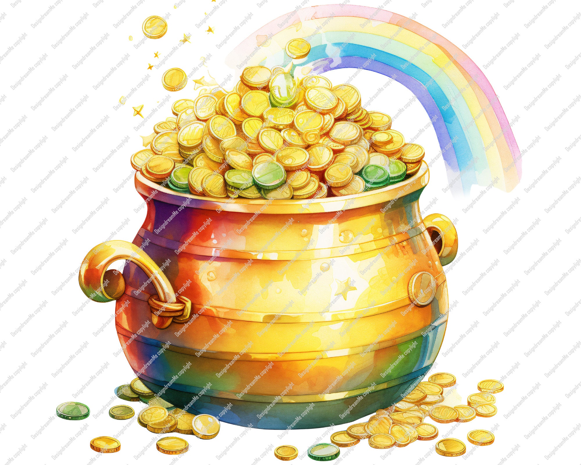 Watercolor Pot of Shamrock Gold Coins Clipart, Overflowing Pot of Gold ...