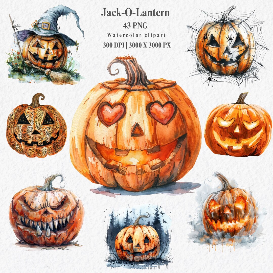 Watercolor Jack-o-lantern Clipart Bundle: 43 Spooky Pngs (commercial ...