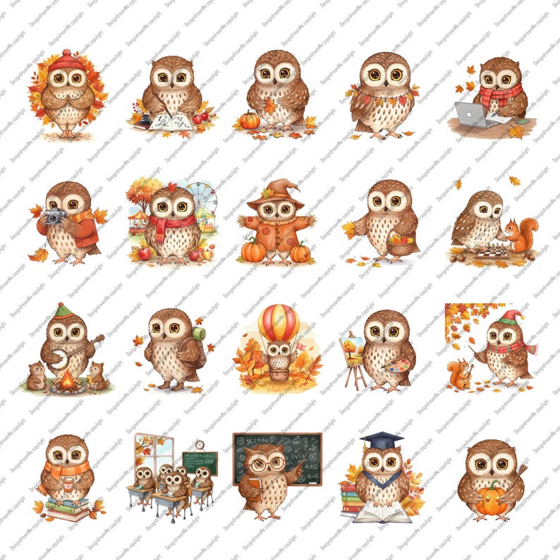 Owl Fall School Clipart | Cute Autumn Owl Teacher PNG | Watercolor Back ...