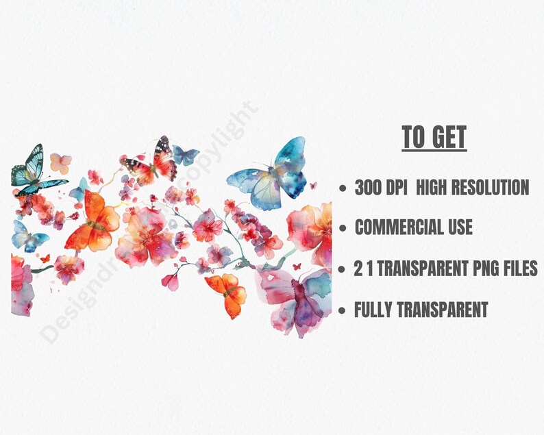 Watercolor Butterfly & Floral Clipart: 21 PNG Stickers (digital ...