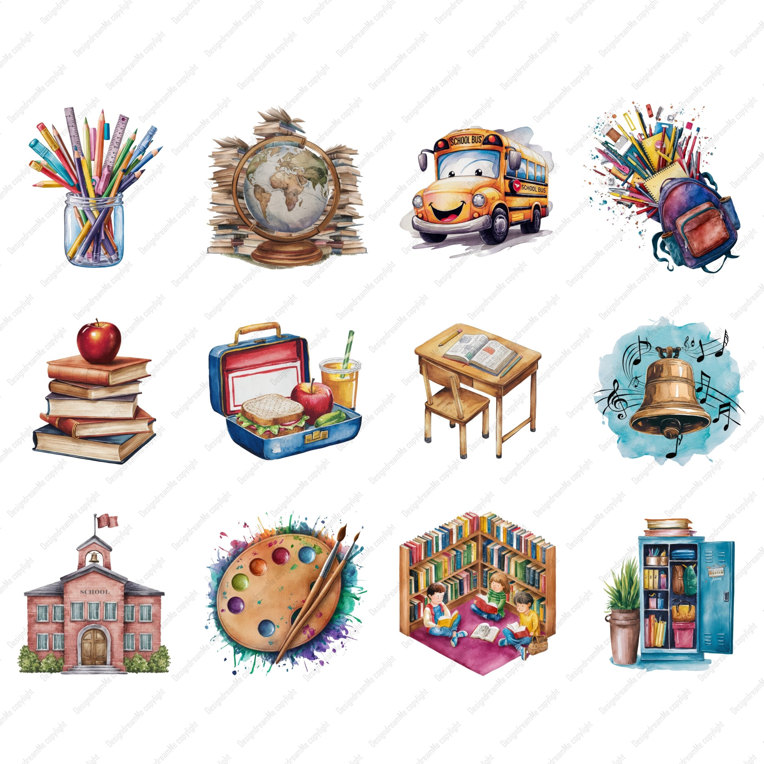 Watercolor Back to School Clipart, School Bus, Backpack, Pencil ...