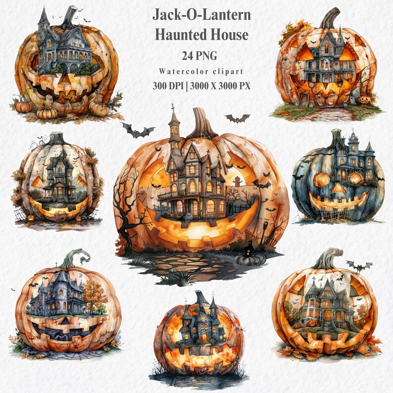 Watercolor Jack-o-lantern Haunted House Clipart Set, 24 PNG Files for ...