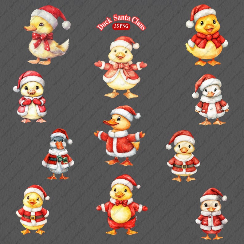 Watercolor Christmas Duck Clipart: Santa Suit PNG Bundle (commercial ...