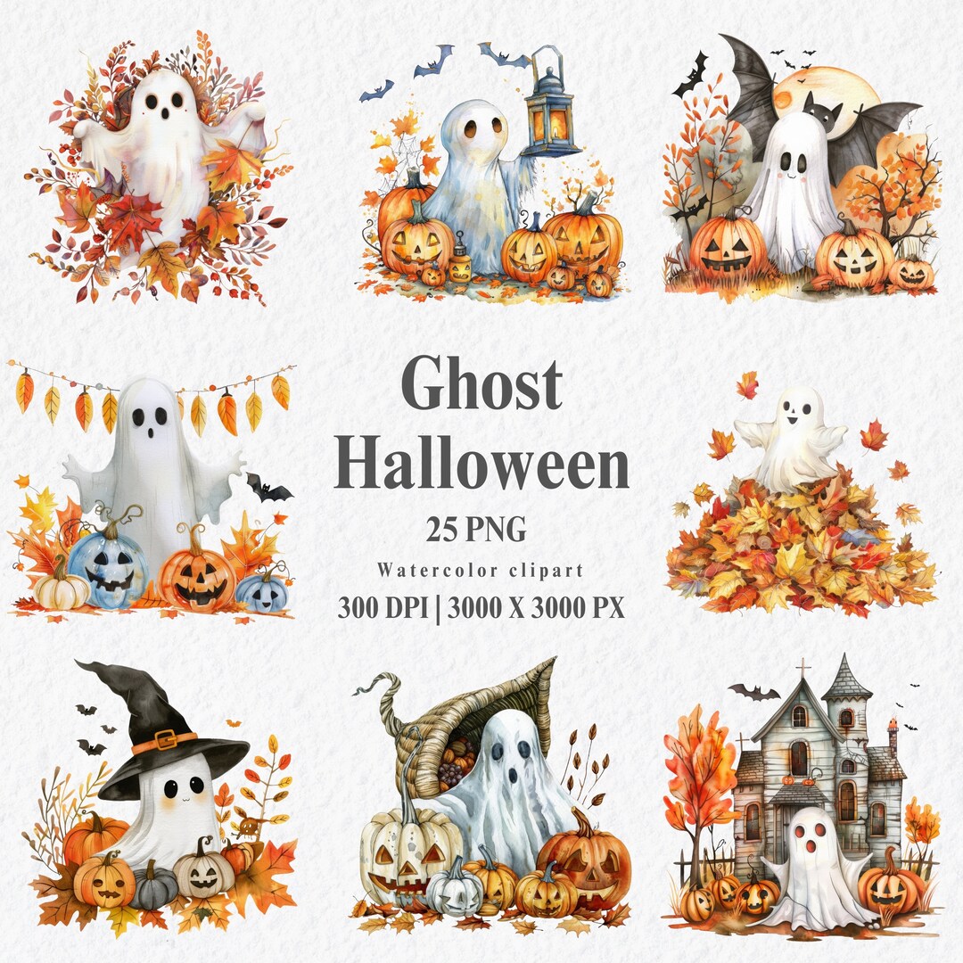 Watercolor Ghost Clipart, 25 PNG Halloween Clipart Bundle, Cute Ghost ...